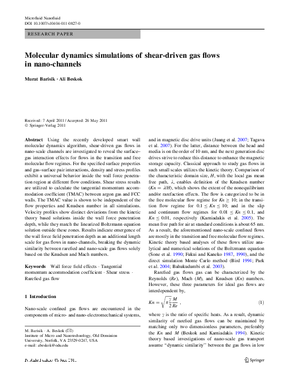 (PDF) Molecular dynamics simulations of shear-driven gas flows in nano-channels