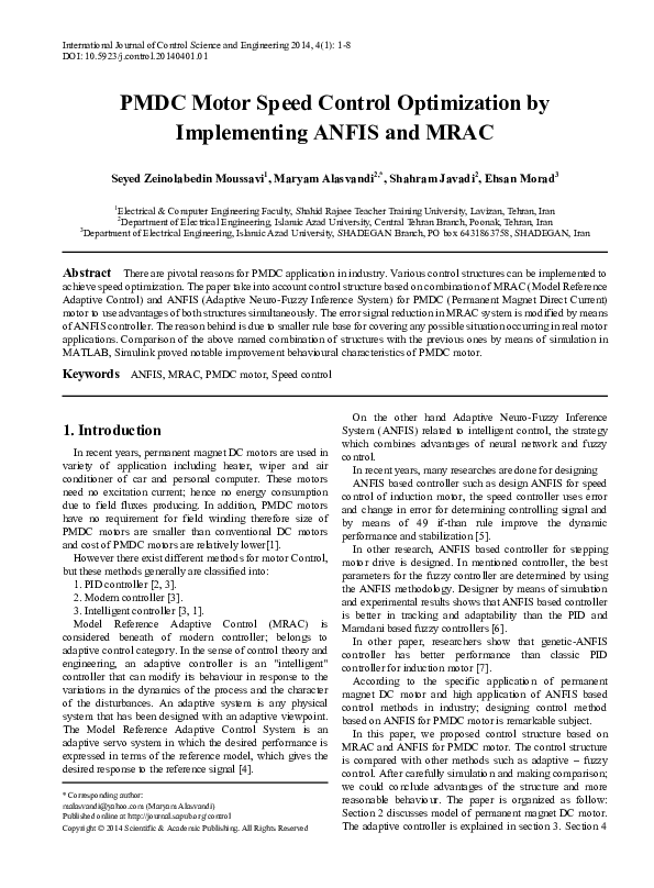 (PDF) PMDC Motor Speed Control Optimization by Implementing ANFIS and MRAC