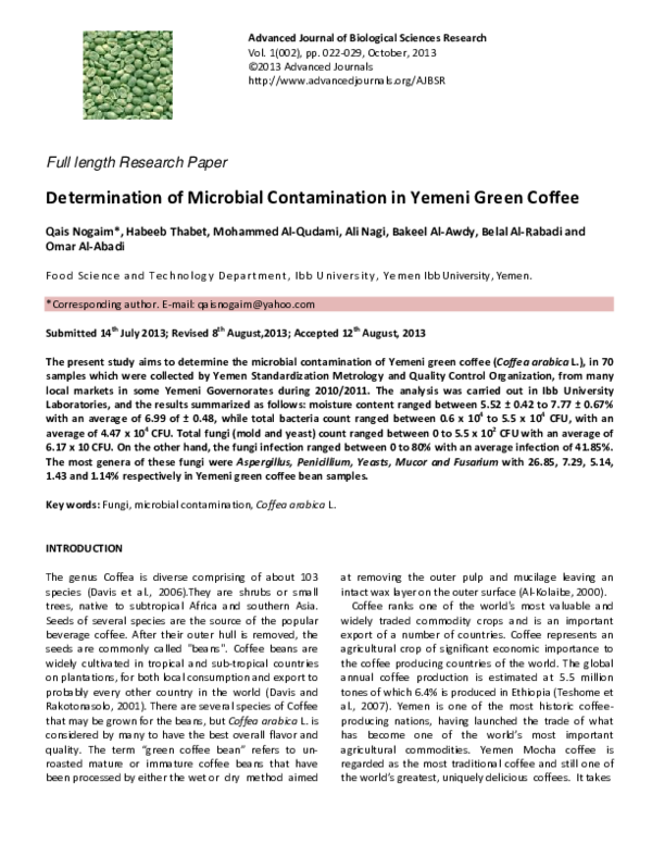 (PDF) Determination of Microbial Contamination in Yemeni Green Coffee