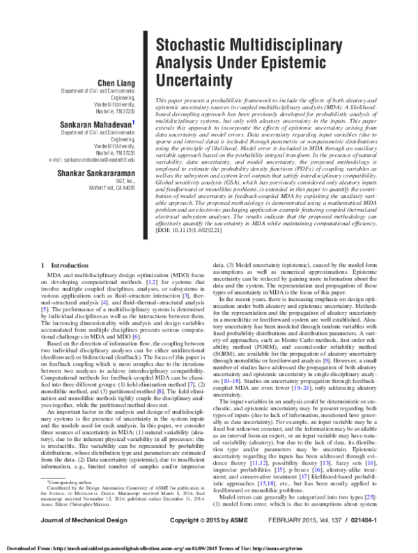 (PDF) Stochastic Multi-disciplinary Analysis under Epistemic Uncertainty