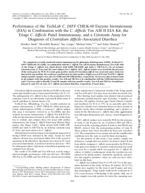 (PDF) Performance of the TechLab C. DIFF CHEK-60 Enzyme Immunoassay ...