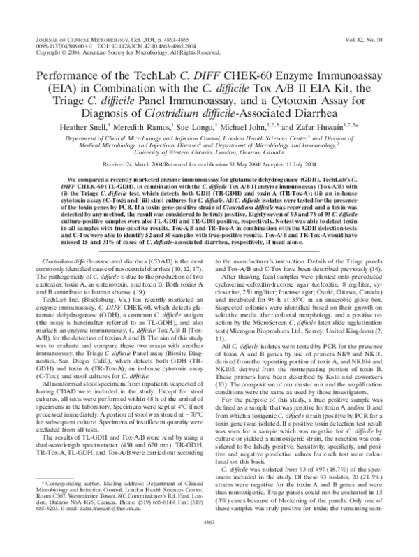 (PDF) Performance of the TechLab C. DIFF CHEK-60 Enzyme Immunoassay ...