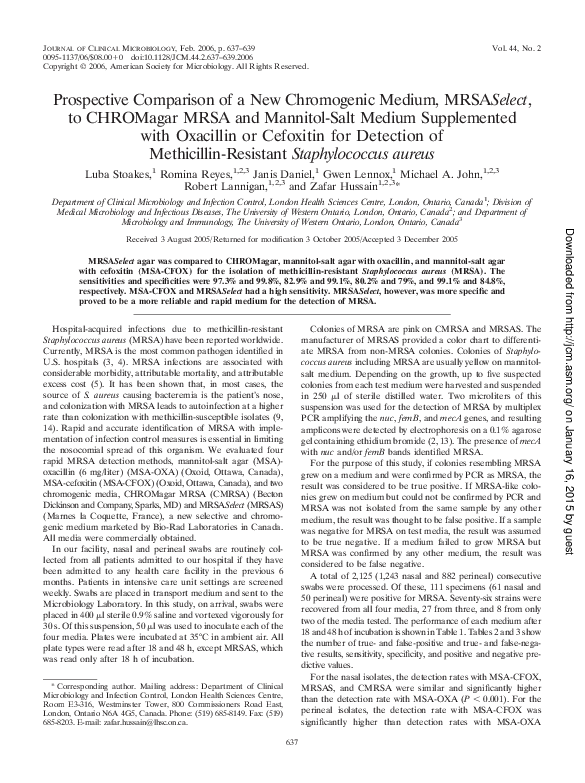 (PDF) Prospective Comparison of a New Chromogenic Medium, MRSASelect, to CHROMagar MRSA and ...