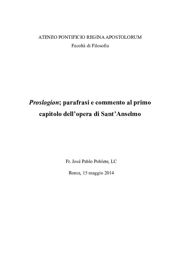 (DOC) Parafrasi in latino e commento al primo capitolo del Proslogion