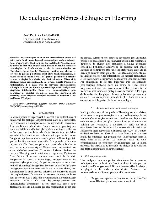 De quelques problème d'ethique en E-learning