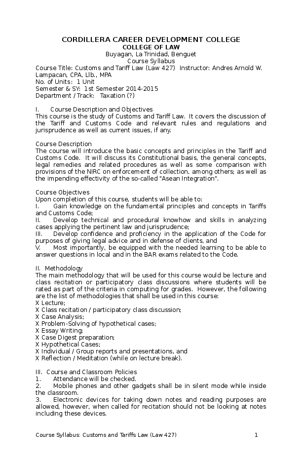 (DOC) TARIFF AND CUSTOMS LAW outline