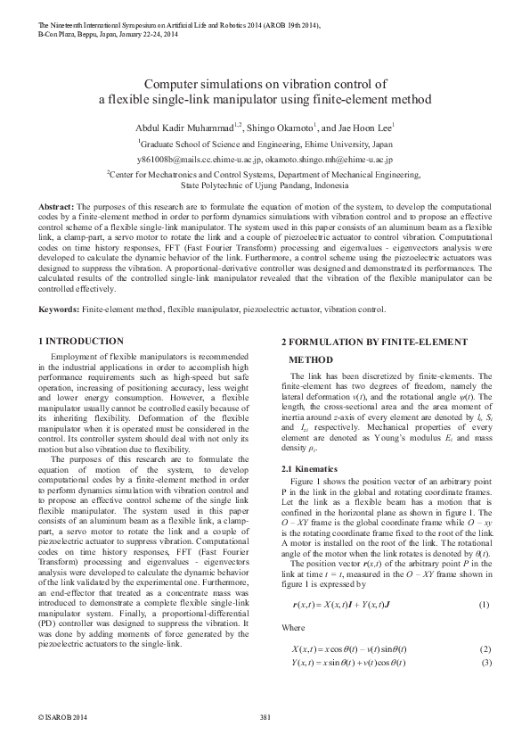 Pdf Computer Simulations On Vibration Control Of A Flexible Single Link Manipulator Using