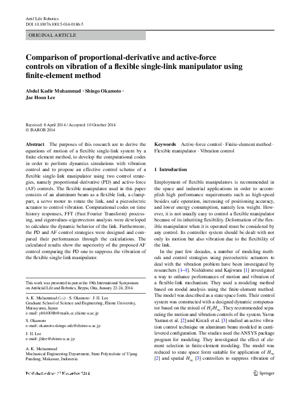 Pdf Vibration Control Comparison Of A Single Link Flexible Manipulator Between Fuzzy Logic