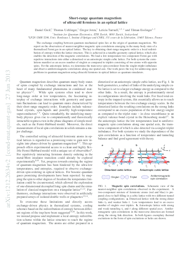 (PDF) Short-Range Quantum Magnetism of Ultracold Fermions in an Optical ...