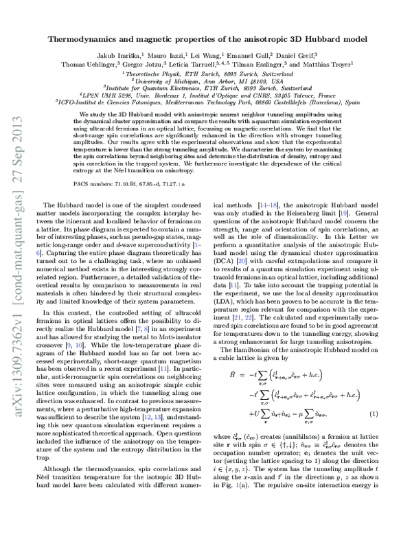 (PDF) Thermodynamics and magnetic properties of the anisotropic 3D Hubbard model