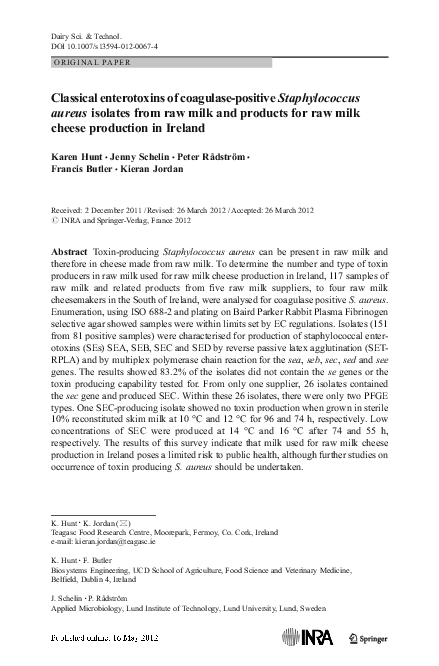 Pdf Classical Enterotoxins Of Coagulase Positive Staphylococcus Aureus Isolates From Raw Milk