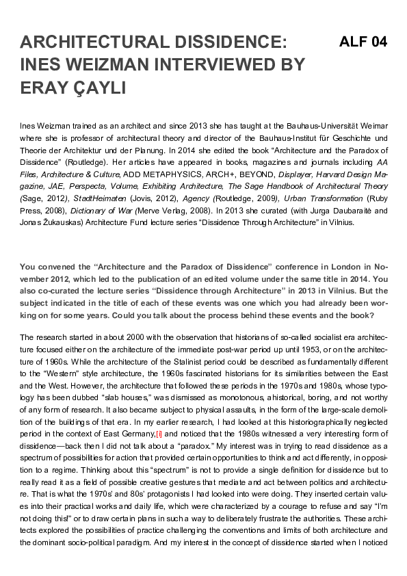 (PDF) 2015. "Architectural Dissidence / Ines Weizman interviewed by ...