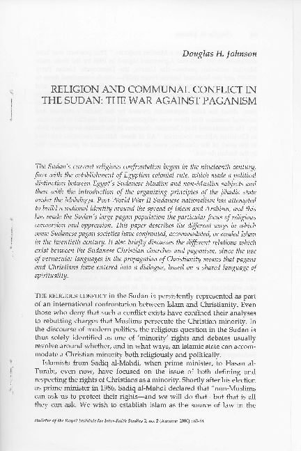 (PDF) Religion and Communal Conflict in the Sudan: the War Against Paganism, Bulletin of the ...