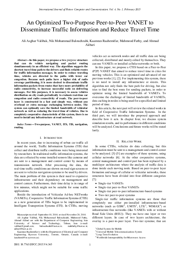 (PDF) An Optimized Two-Purpose Peer-to-Peer VANET to Disseminate Traffic Information and Reduce ...