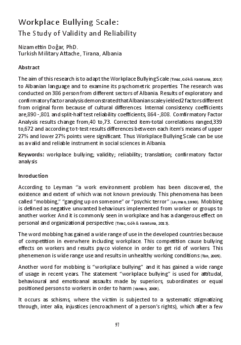 (PDF) WORKPLACE BULLYING SCALE : THE STUDY OF VALIDITY AND RELIABILITY