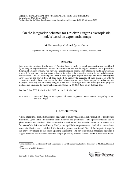 Pdf On The Integration Schemes For Druckerpragers Elastoplastic Models Based On Exponential Maps