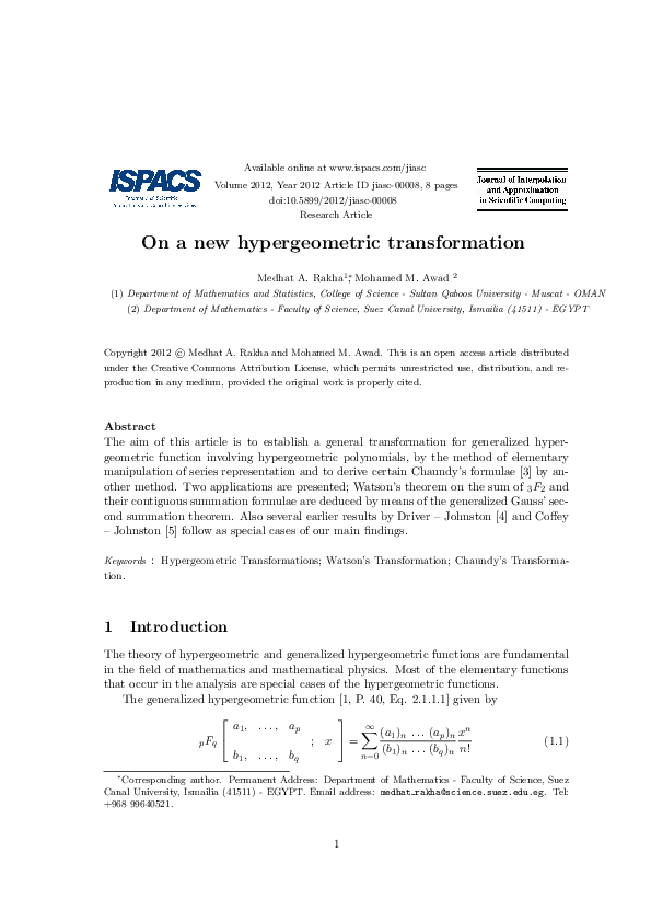 (PDF) On a new hypergeometric transformation