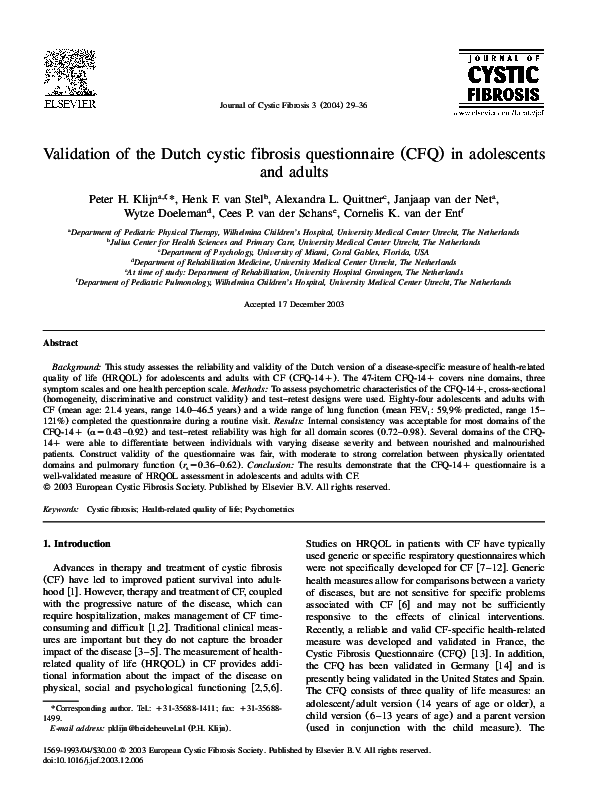 (PDF) Validation of the Dutch cystic fibrosis questionnaire (CFQ) in ...