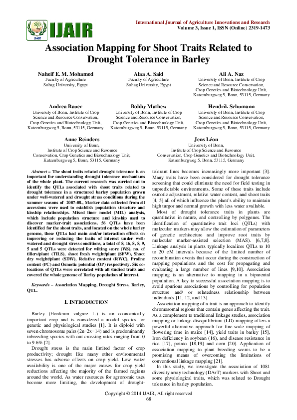 (PDF) Association mapping for shoot traits related to drought tolerance in barley.