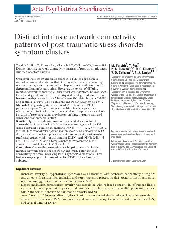 Pdf Distinct Intrinsic Network Connectivity Patterns Of Post