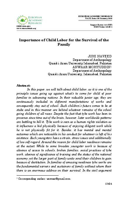 (PDF) Importance of Child Labor for the Survival of the Family