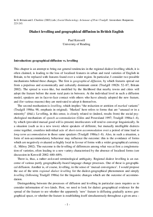 (PDF) Kerswill, Paul (2003). Dialect levelling and geographical diffusion in British English. In ...