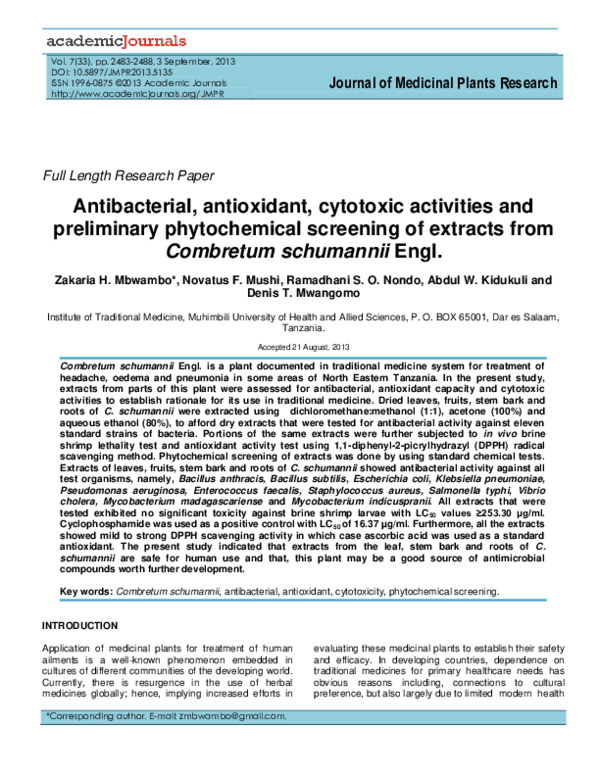 (PDF) Antibacterial, antioxidant, cytotoxic activities and preliminary phytochemical screening ...