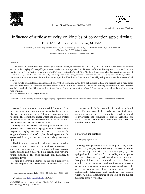 (PDF) Influence of airflow velocity on kinetics of convection apple drying