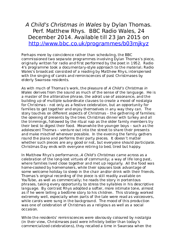 (DOC) A Child's Christmas in Wales by Dylan Thomas, BBC Radio Wales, 24 ...