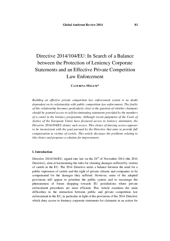 (PDF) Directive 2014/104/EU: in Search of a Balance between the ...