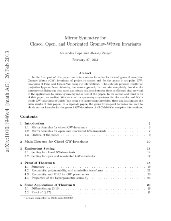 (PDF) On Mirror Formulas in Open and Closed Gromov-Witten Theory