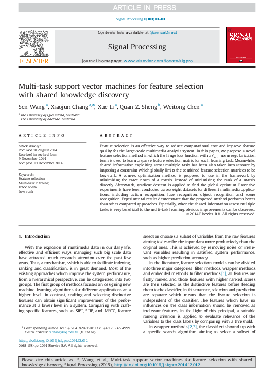 (PDF) Multi-task support vector mach ines for feature selection with shared knowled ge discovery