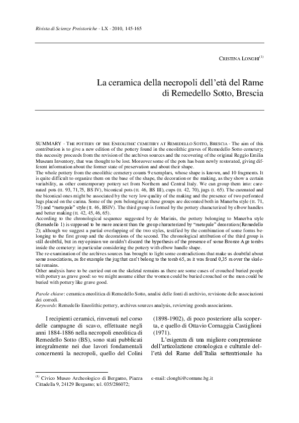(PDF) La ceramica della necropoli dell’età del Rame di Remedello Sotto ...