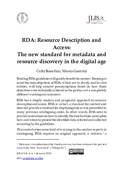 (PDF) RDA: Resource Description and Access: The new standard for ...