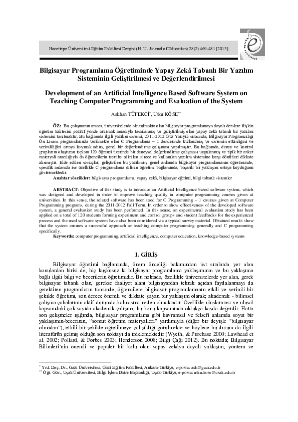 (PDF) Development of an artificial intelligence based software system on teaching computer ...