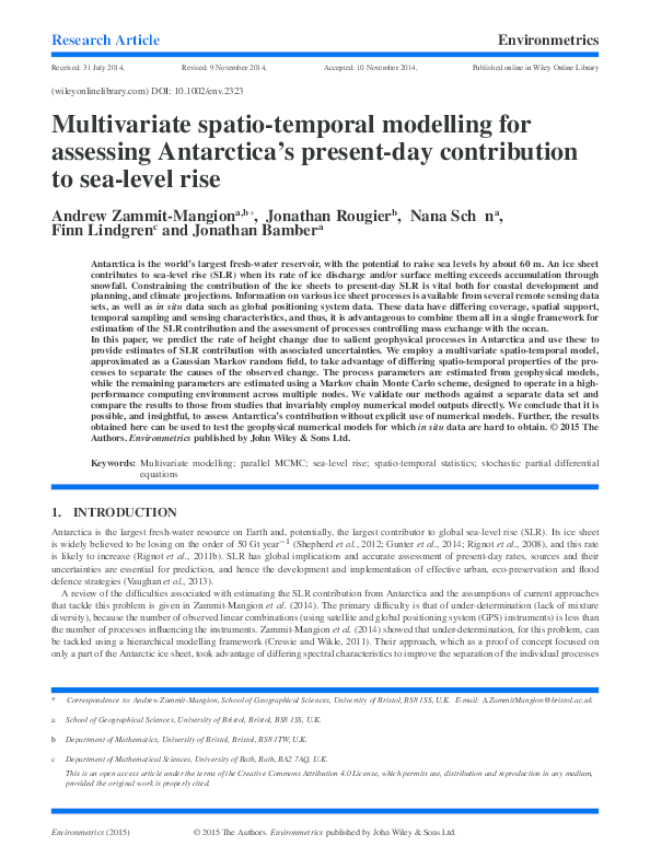(PDF) Multivariate spatio-temporal modelling for assessing Antarctica’s present-day contribution ...