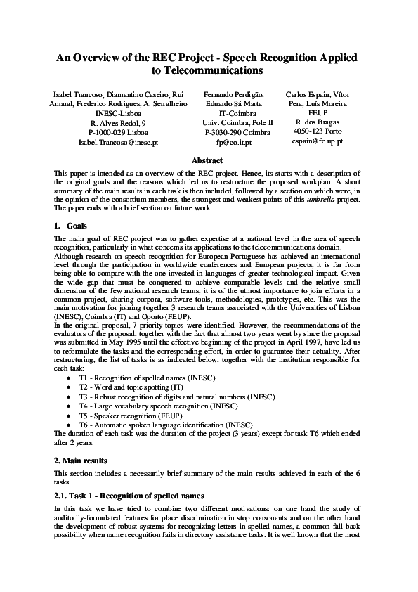 (PDF) An Overview of the REC Project - Speech Recognition Applied to ...