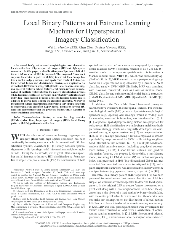 Pdf Local Binary Patterns For Spatial Spectral Classification Of