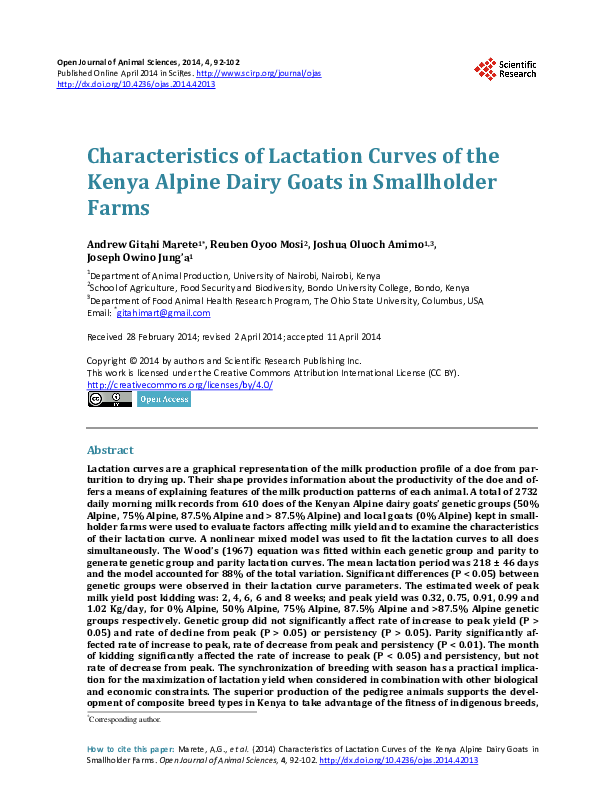 (PDF) Characteristics of Lactation Curves of the Kenya Alpine Dairy ...