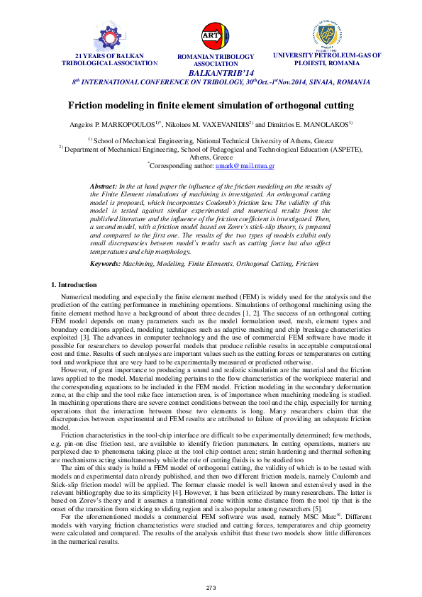 Friction modeling in finite element simulation of orthogonal cutting Friction modeling in finite element simulation of orthogonal cutting