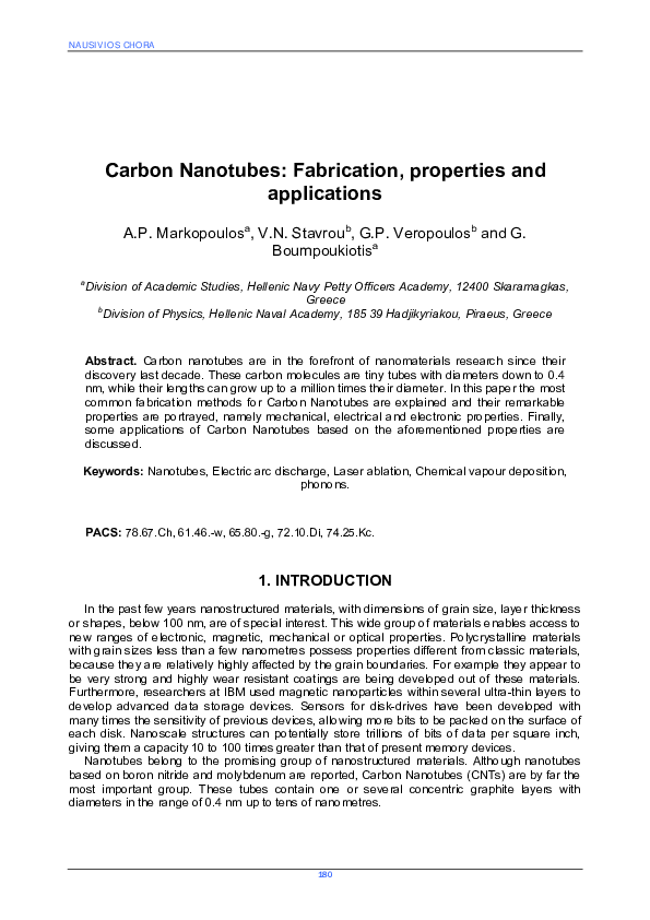 (PDF) Carbon Nanotubes: Fabrication, Properties and Applications