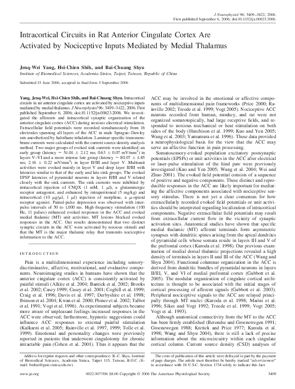 (PDF) Intracortical Circuits in Rat Anterior Cingulate Cortex Are Activated by Nociceptive ...
