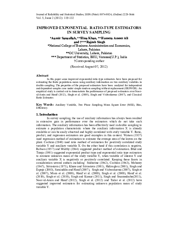 Pdf Improved Exponential Ratio Type Estimators In Survey Sampling