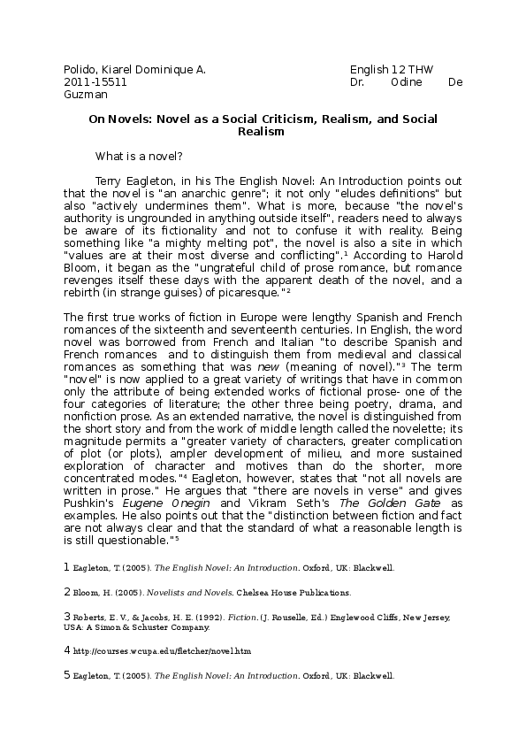 (DOC) On Novels: Novel as a Social Criticism, Realism, and Social Realism