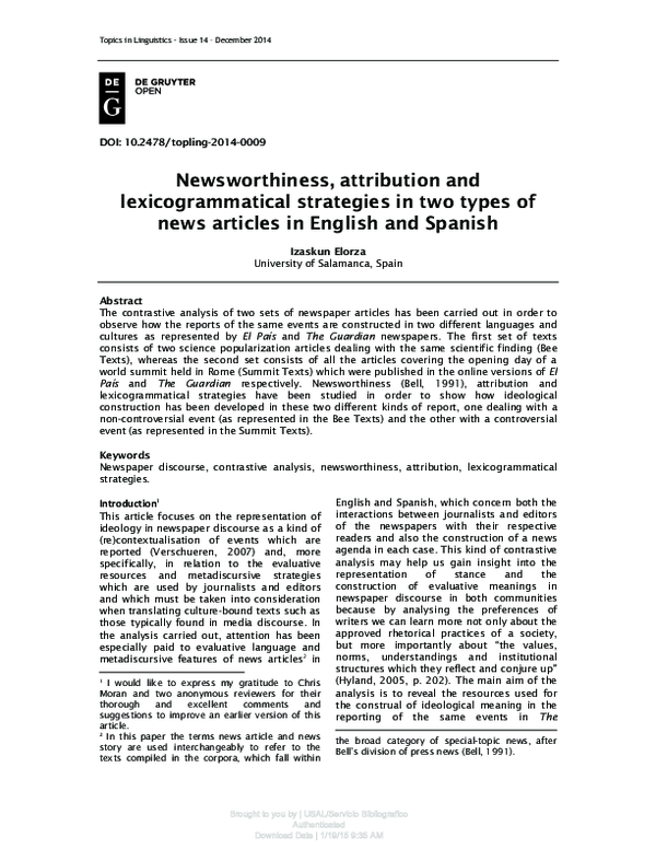 (PDF) Newsworthiness, attribution and lexicogrammatical strategies in ...
