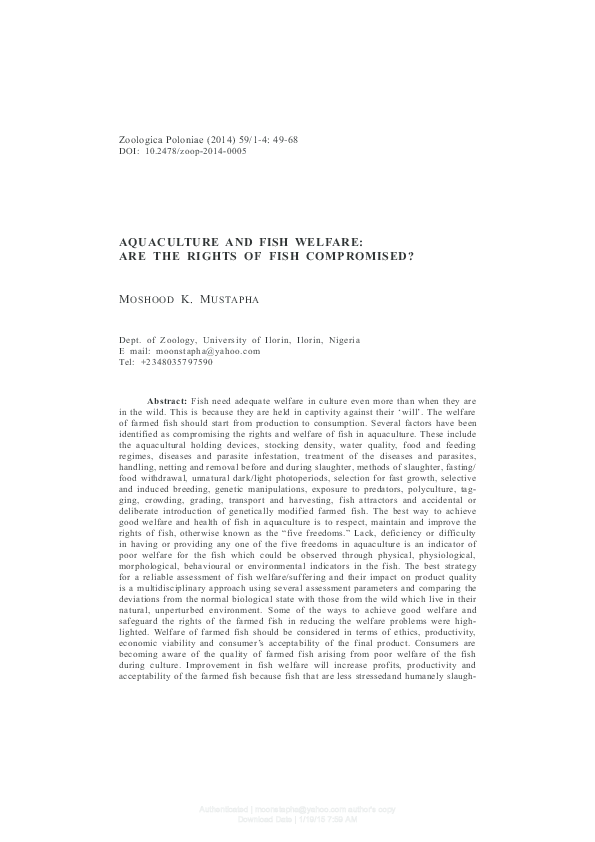 (PDF) Aquaculture and Fish Welfare: Are the rights of fish compromised?