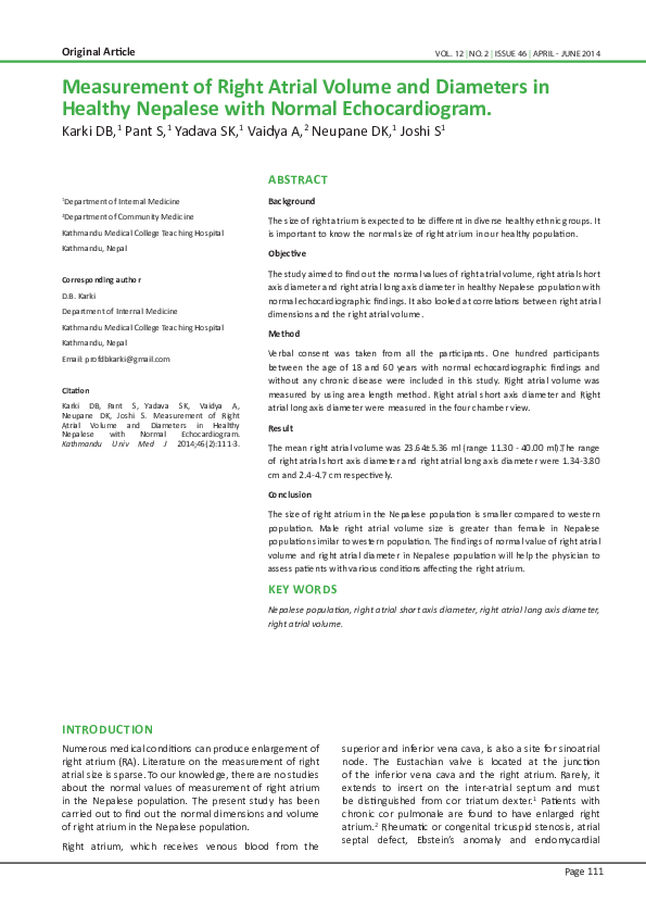 (PDF) Measurement of Right Atrial Volume and Diameters in Healthy ...