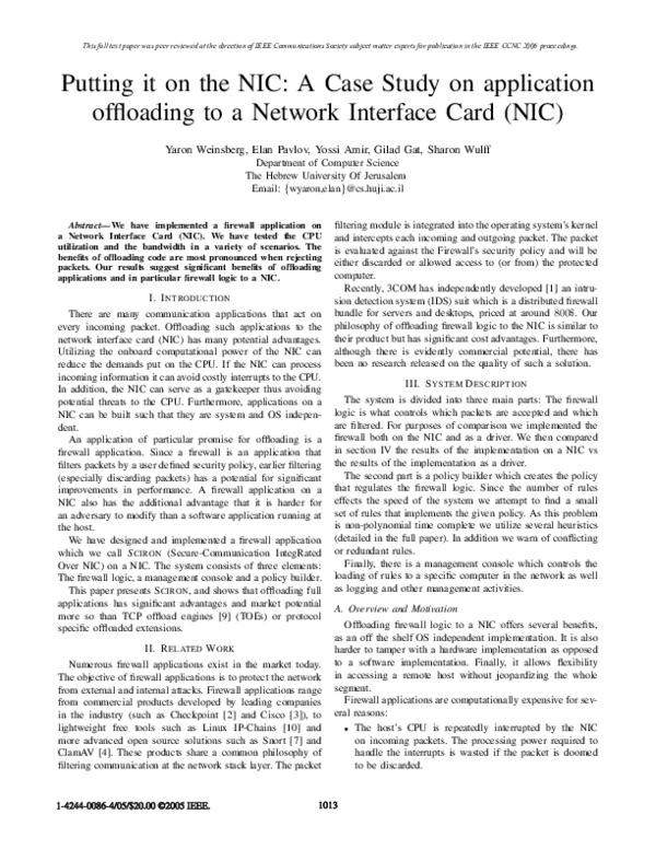 (PDF) Putting it on the NIC: A case study on application offloading to ...
