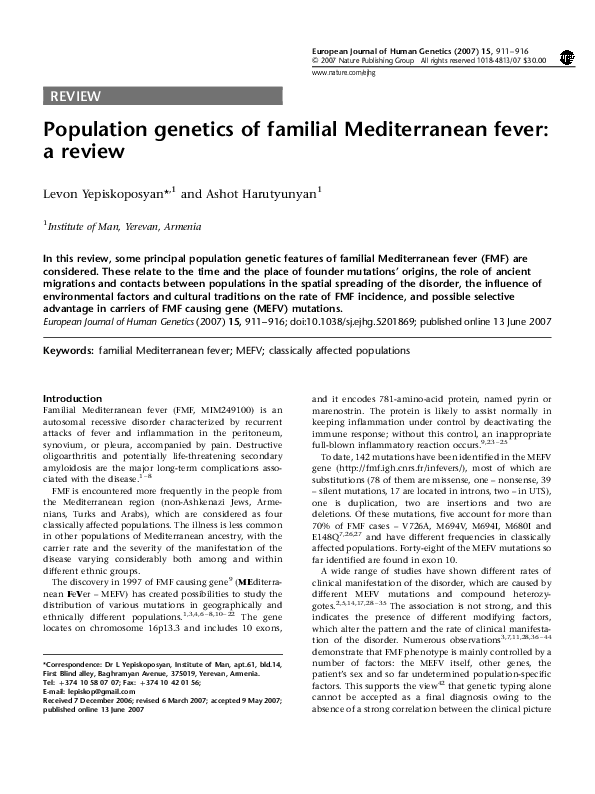 (PDF) Population genetics of familial Mediterranean fever: a review