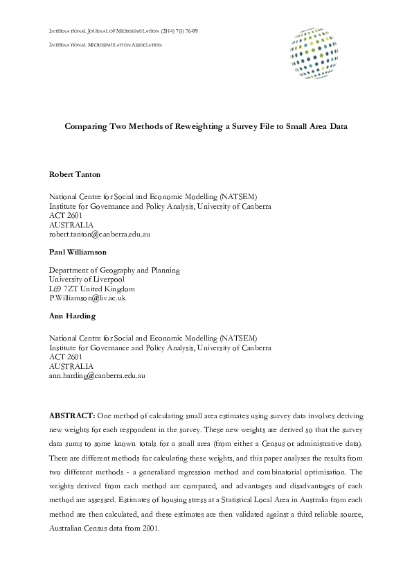 (PDF) Comparing Two Methods of Reweighting a Survey File to Small Area Data